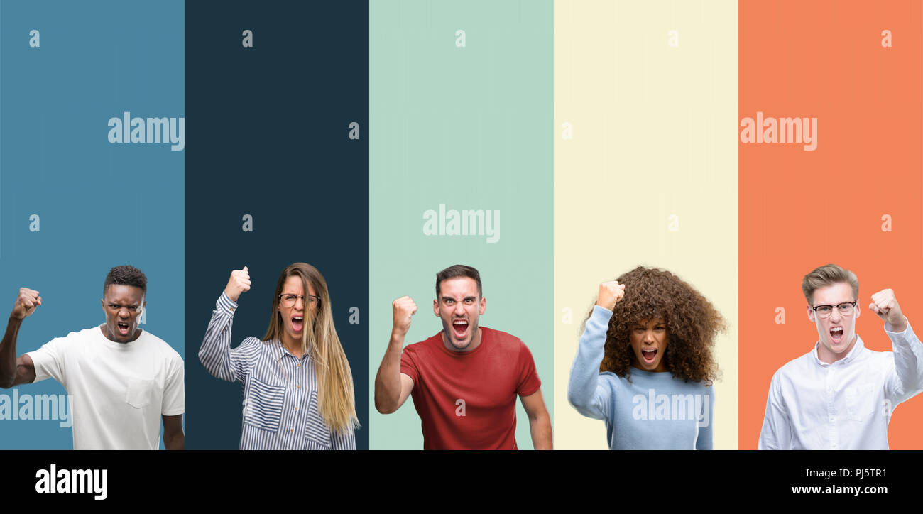 Group of people over vintage colors background angry and mad raising ...