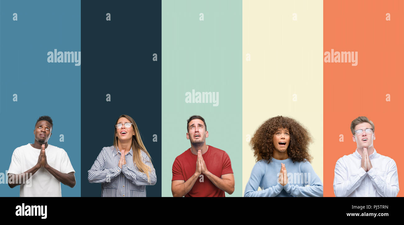Group of people over vintage colors background begging and praying with ...