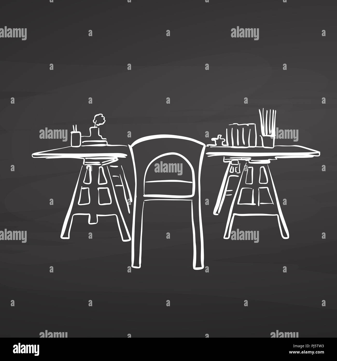 study desk drawing on chalkboard. hand-drawn vector sketch. business ...