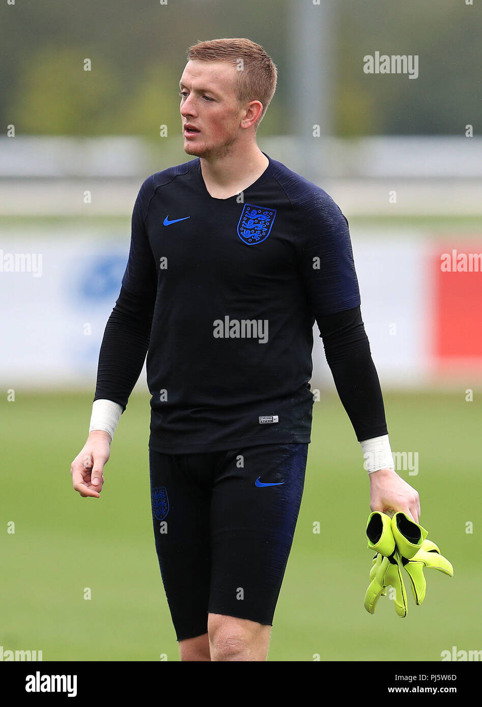 England goalkeeper Jordan Pickford during a training session at St ...