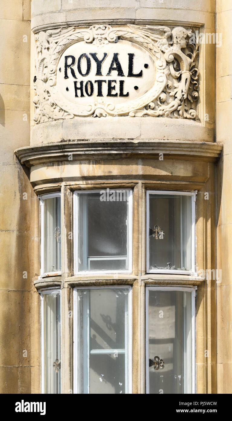 Sign outside the Royal hotel in the High Street at the town centre of ...