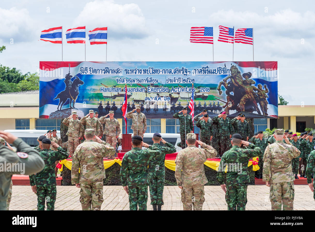 Soldiers salute during the closing ceremony of Hanuman Guardian 2018 ...