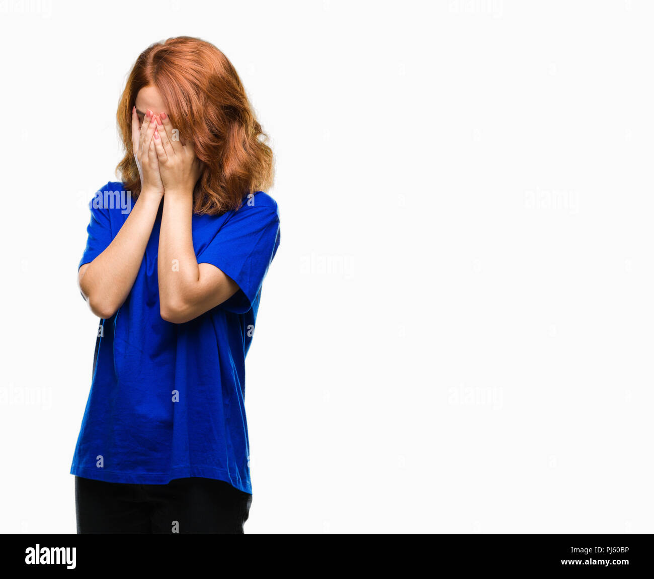 Young beautiful woman over isolated background with sad expression ...