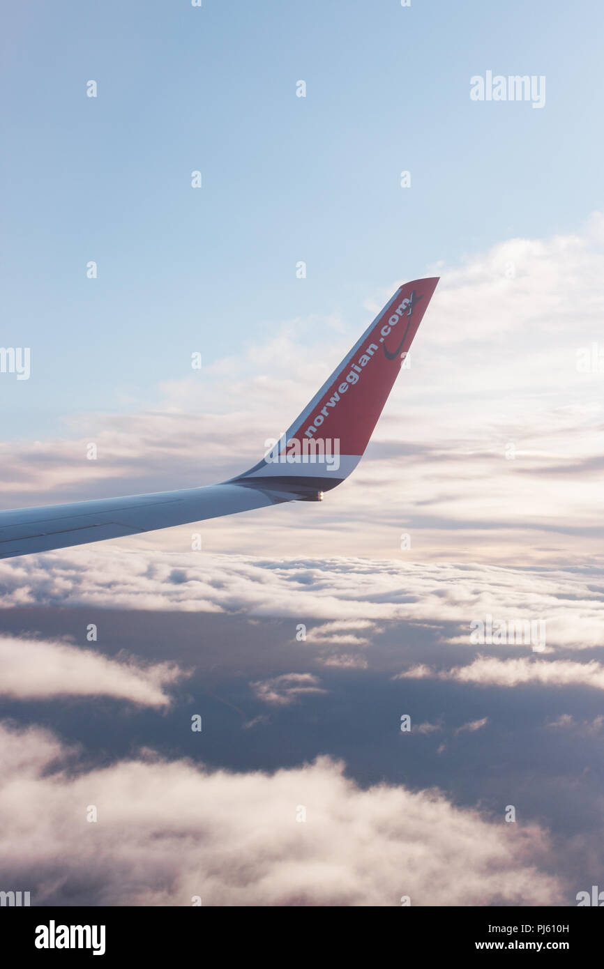 Norwegian Airlines plane wing in flight over Norway, Scandinavia Stock ...