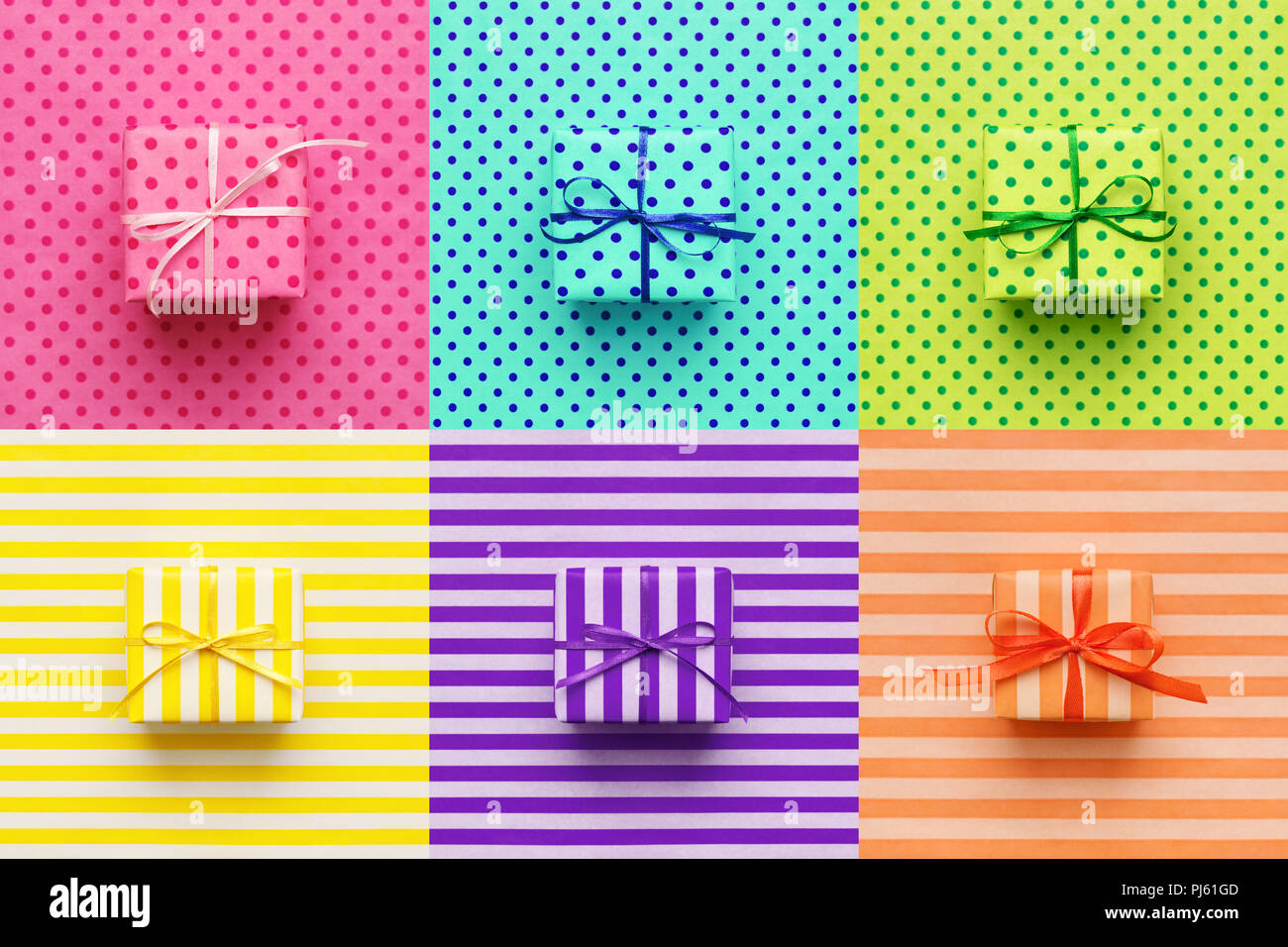 Set of colorful gifts on wrapping paper. Pop art, minimal style ...