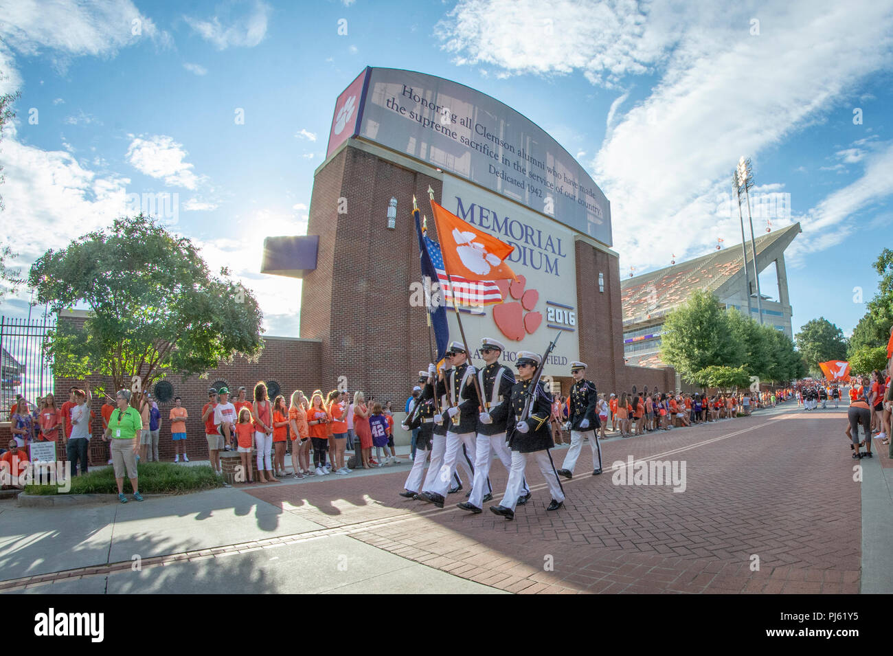 The Clemson University Army ROTC honor guard the Pershing Rifles leads ...