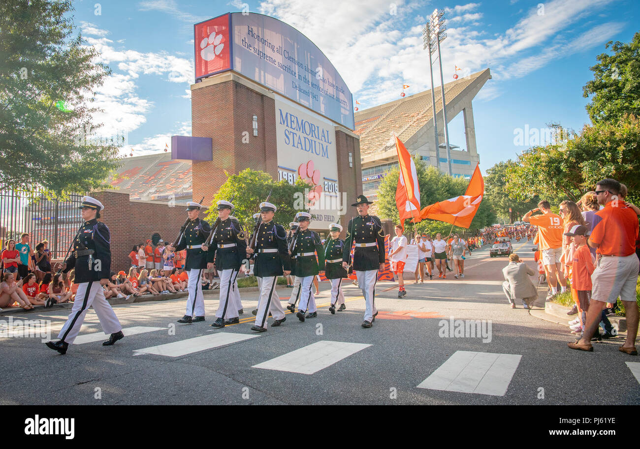 Clemson University’s Army ROTC honor guard the Pershing Rifles lead the ...