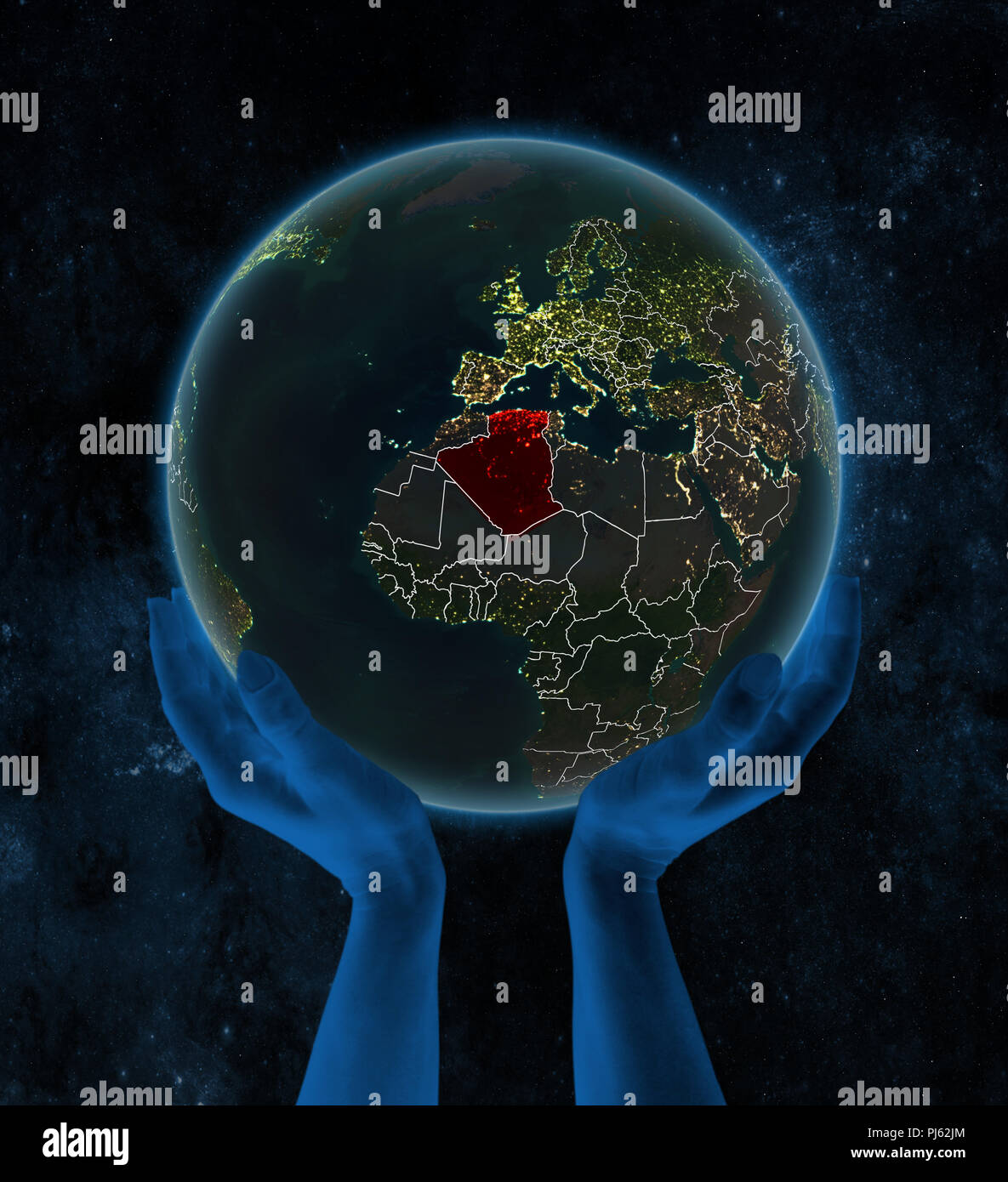 Algeria on night planet Earth with visible country borders in hands in ...
