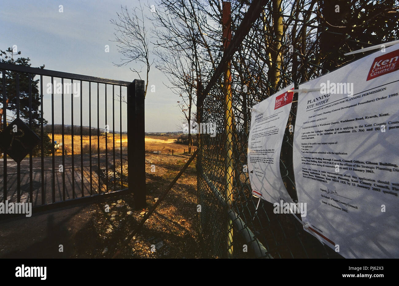 Planning site notice, Workhouse Quarry, Ryarsh, Kent, England. 2003 ...