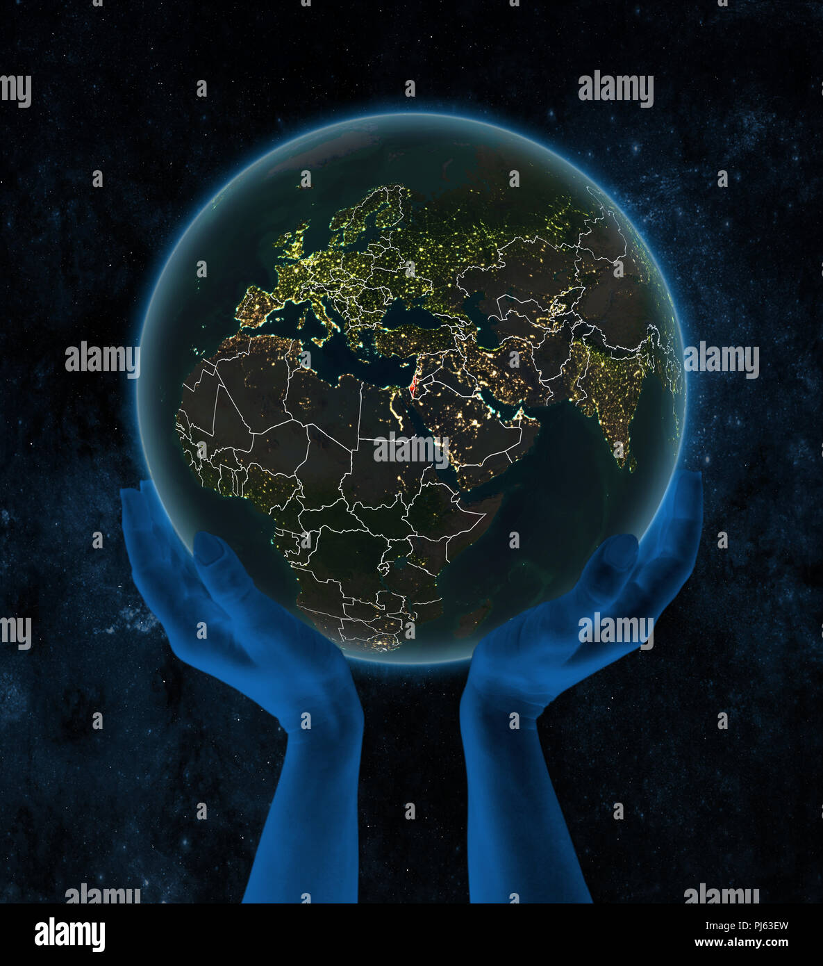 Israel on night planet Earth with visible country borders in hands in ...