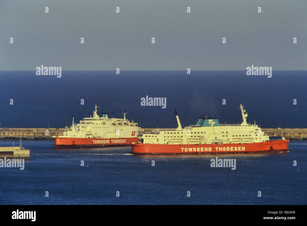 Townsend Thoresen ferries at Dover Port, Kent, England, UK. Circa 1980 ...