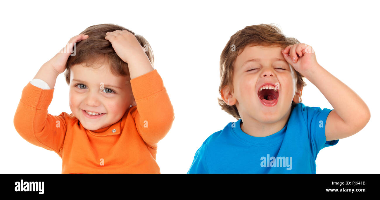 Twins laughing isolated on a white background Stock Photo - Alamy