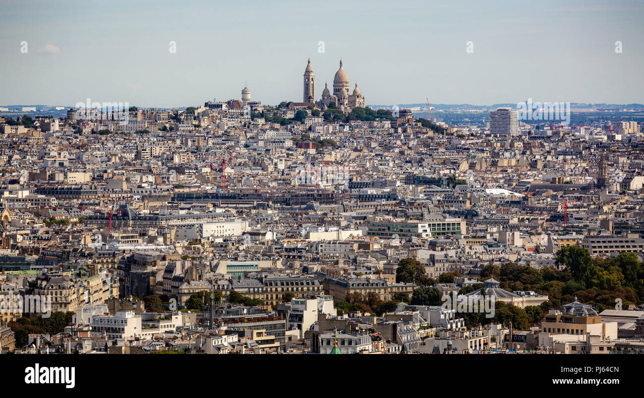 View across Paris to the Sacre Coeur Basilica from the Eiffel Tower in Paris, France on 26 ...