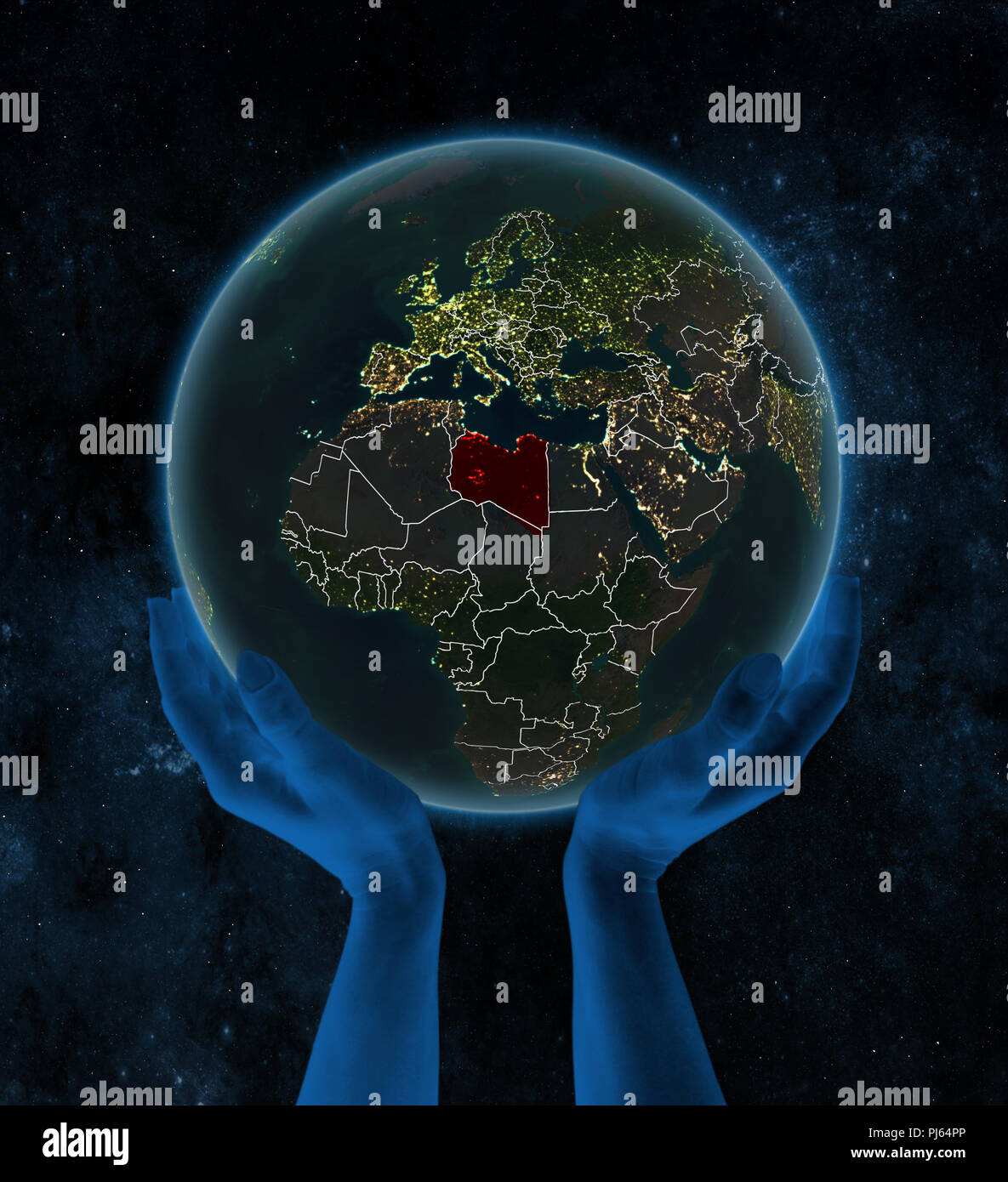 Libya on night planet Earth with visible country borders in hands in ...