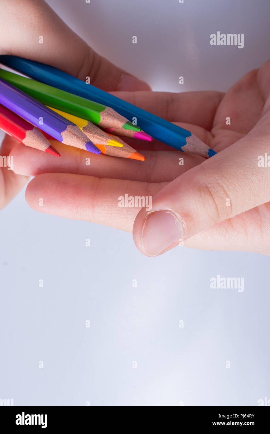Hand holding color Pencils placed on a white background Stock Photo - Alamy