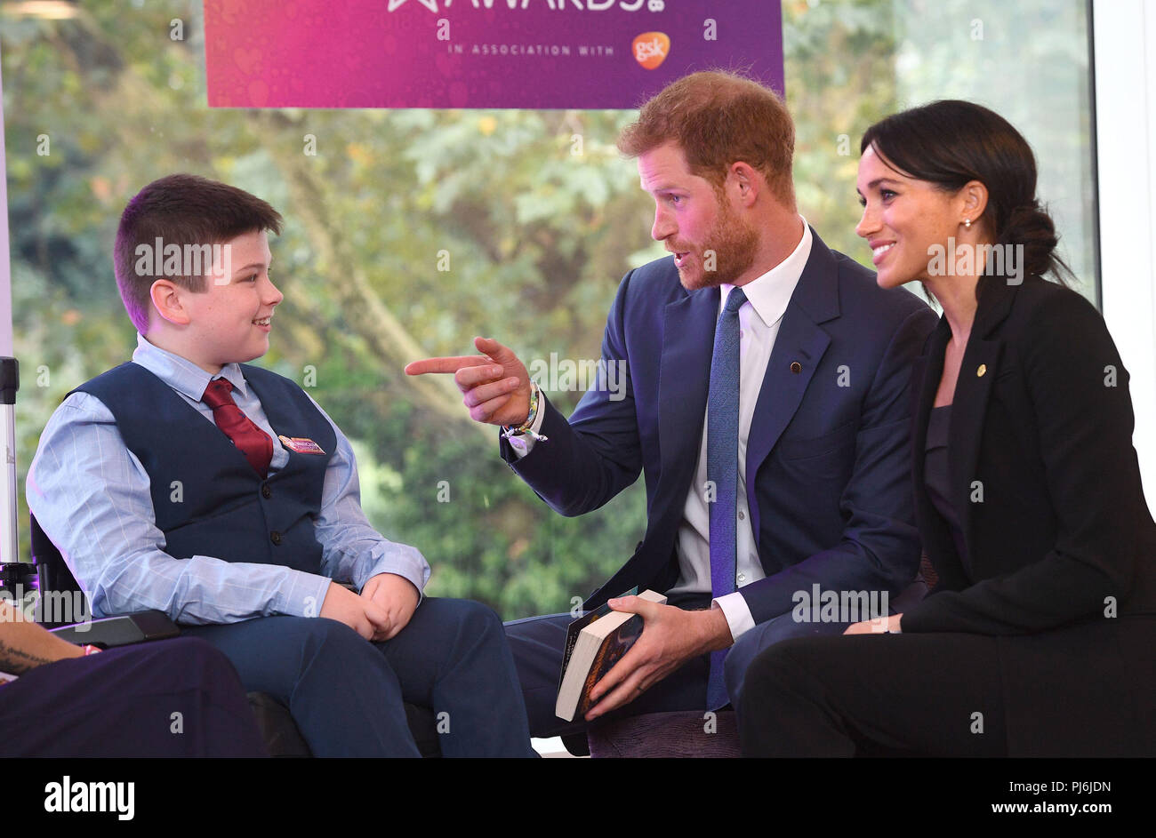 The Duke and Duchess of Sussex meet 12 year old Jake Stacey during the ...