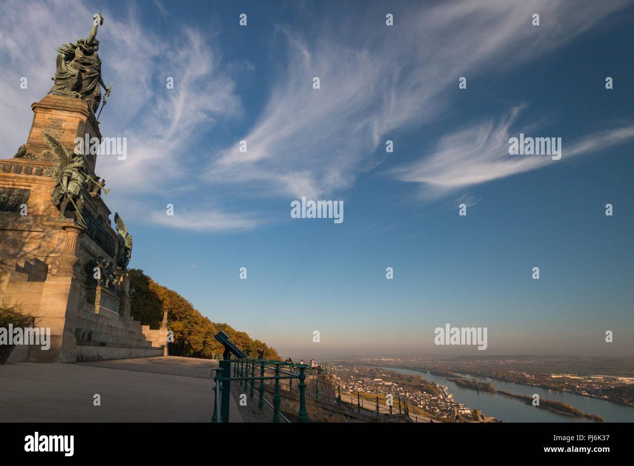Niederwalddenkmal with Germania statue above Ruedesheim along river ...