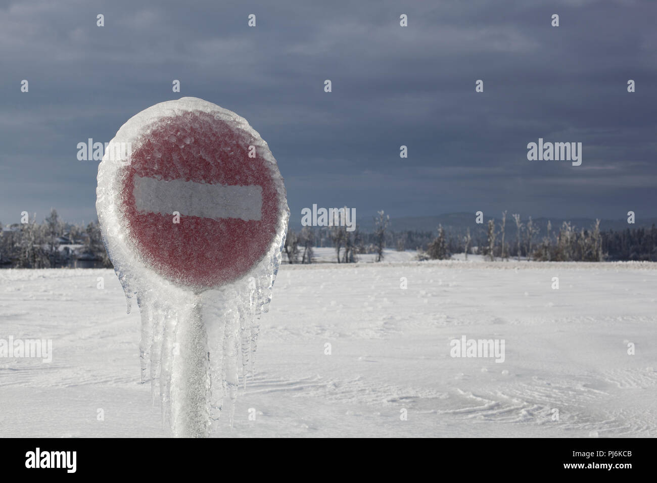 Frozen rain on the red traffic sign in the gray cold morning Stock ...