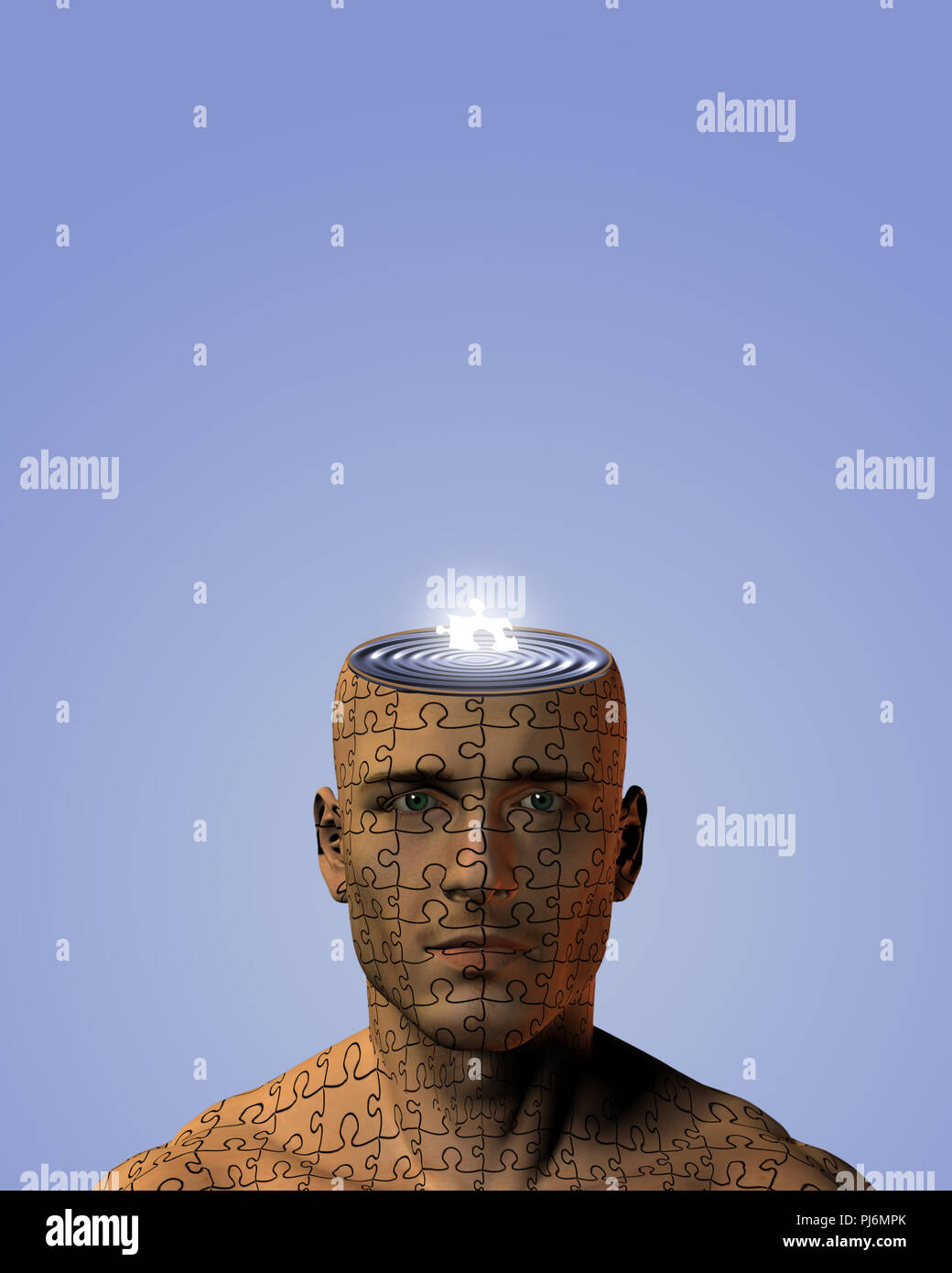 Adult man with glowing puzzle piece in head Stock Photo - Alamy
