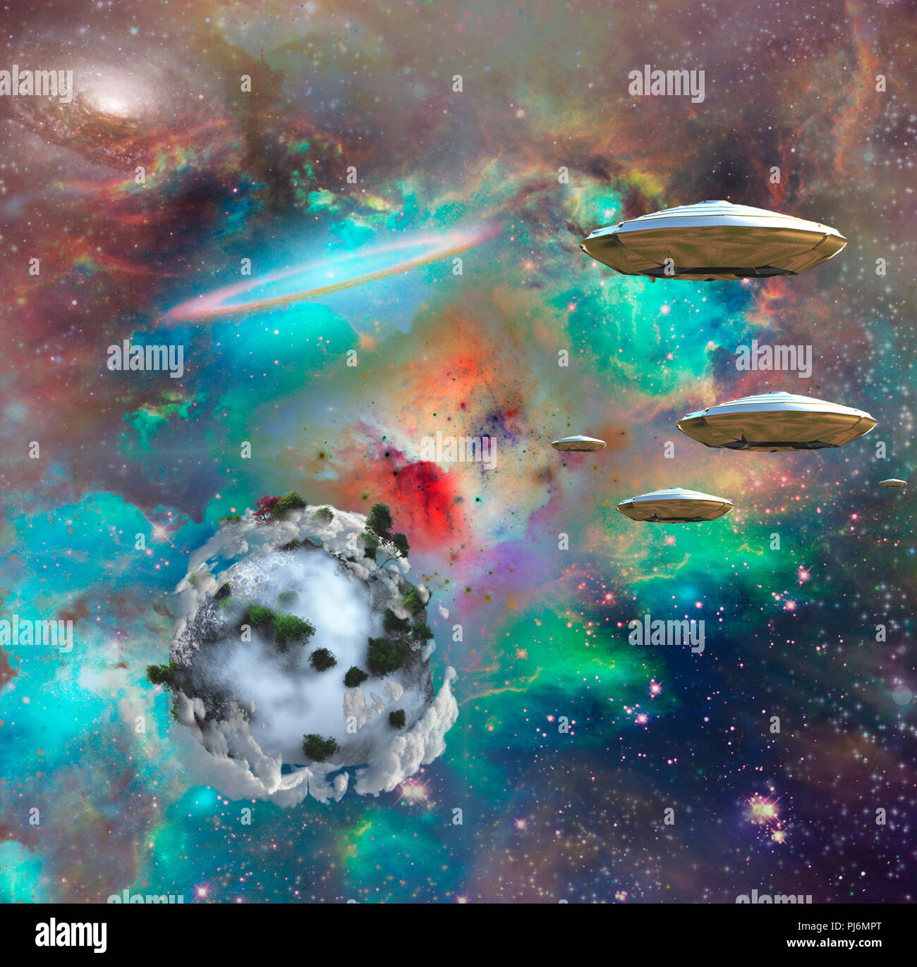 Flying saucers in colorful universe. Abstract exoplanet Stock Photo - Alamy