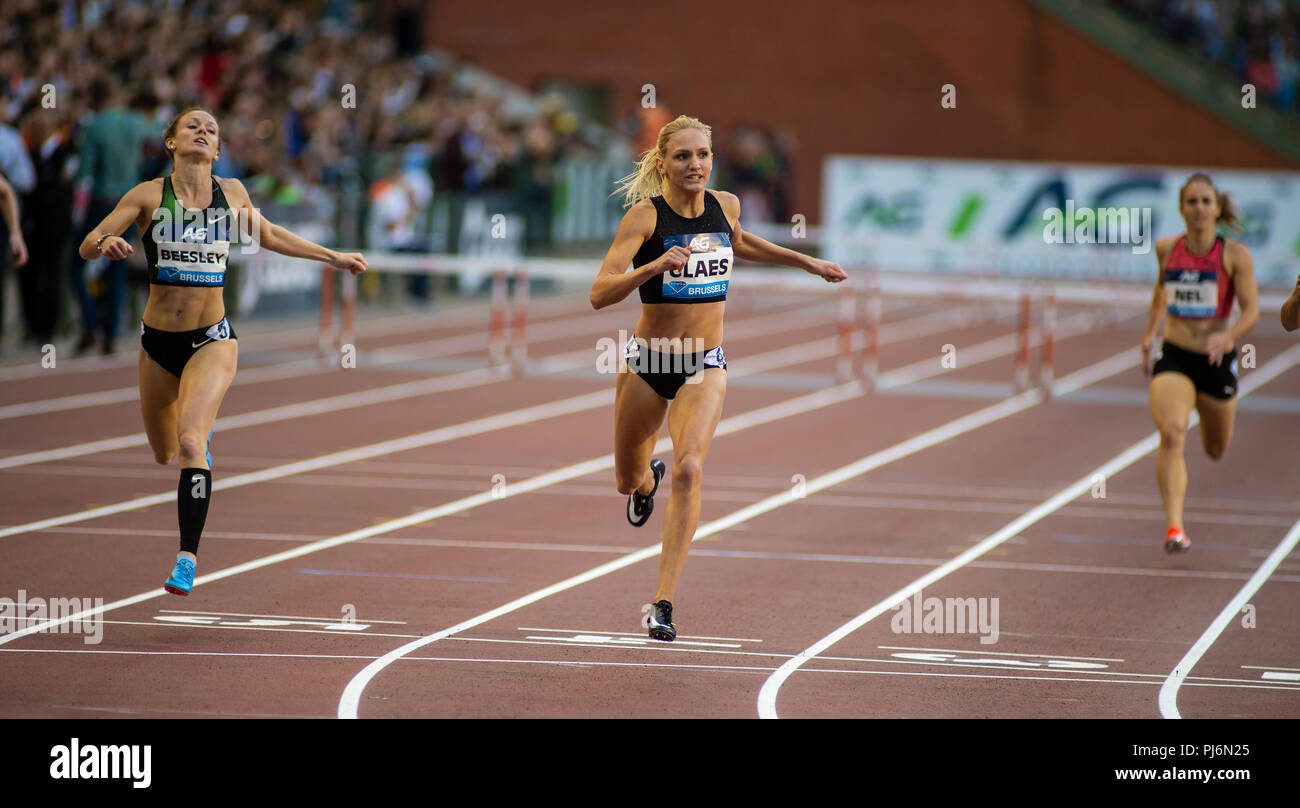 BRUSSELS - BELGIUM, 31 AUG 18. Hanne Claes competing in the Women's 400m Hurdles at the IAAF ...