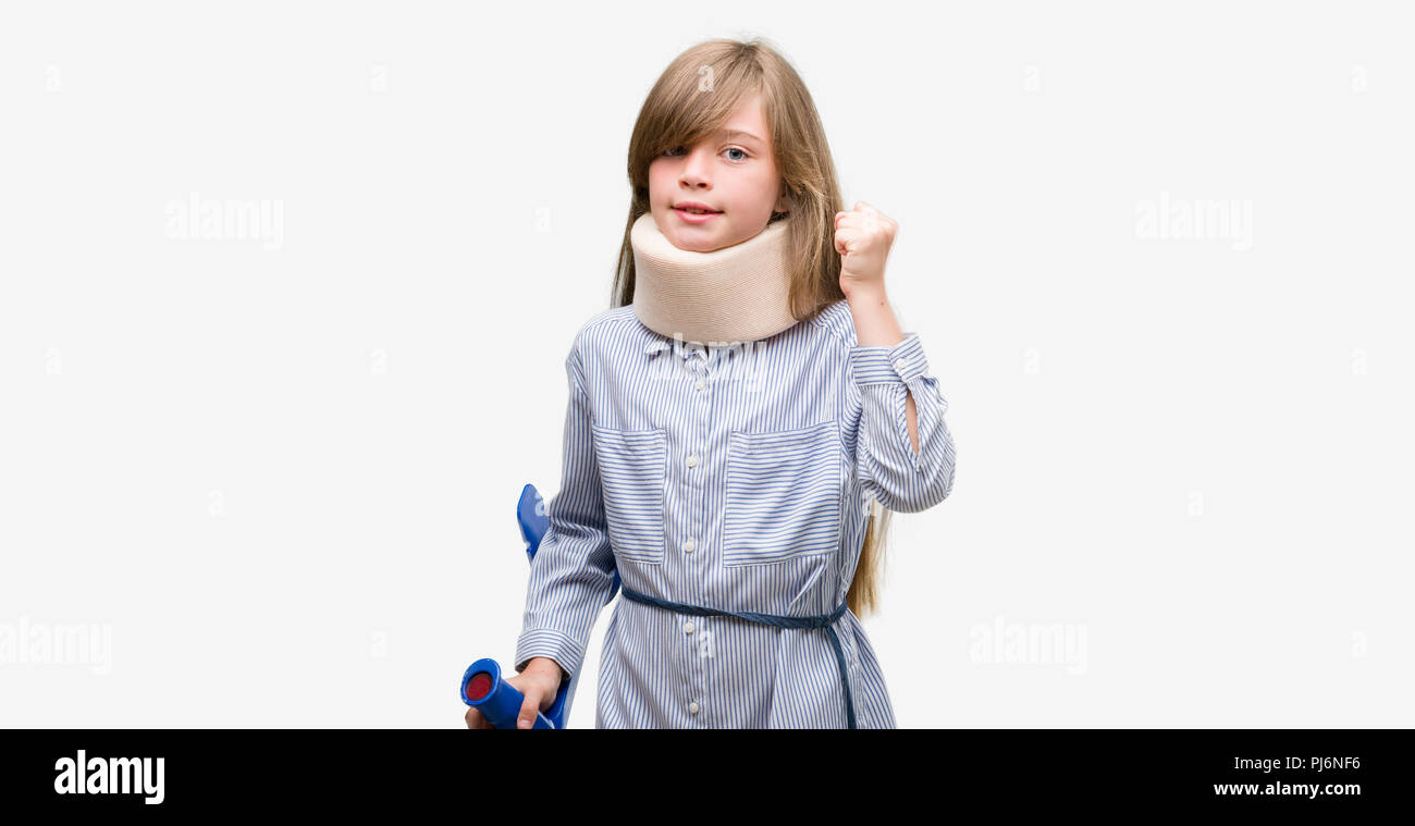 Young blonde child injured wearing neck collar and crutches screaming ...