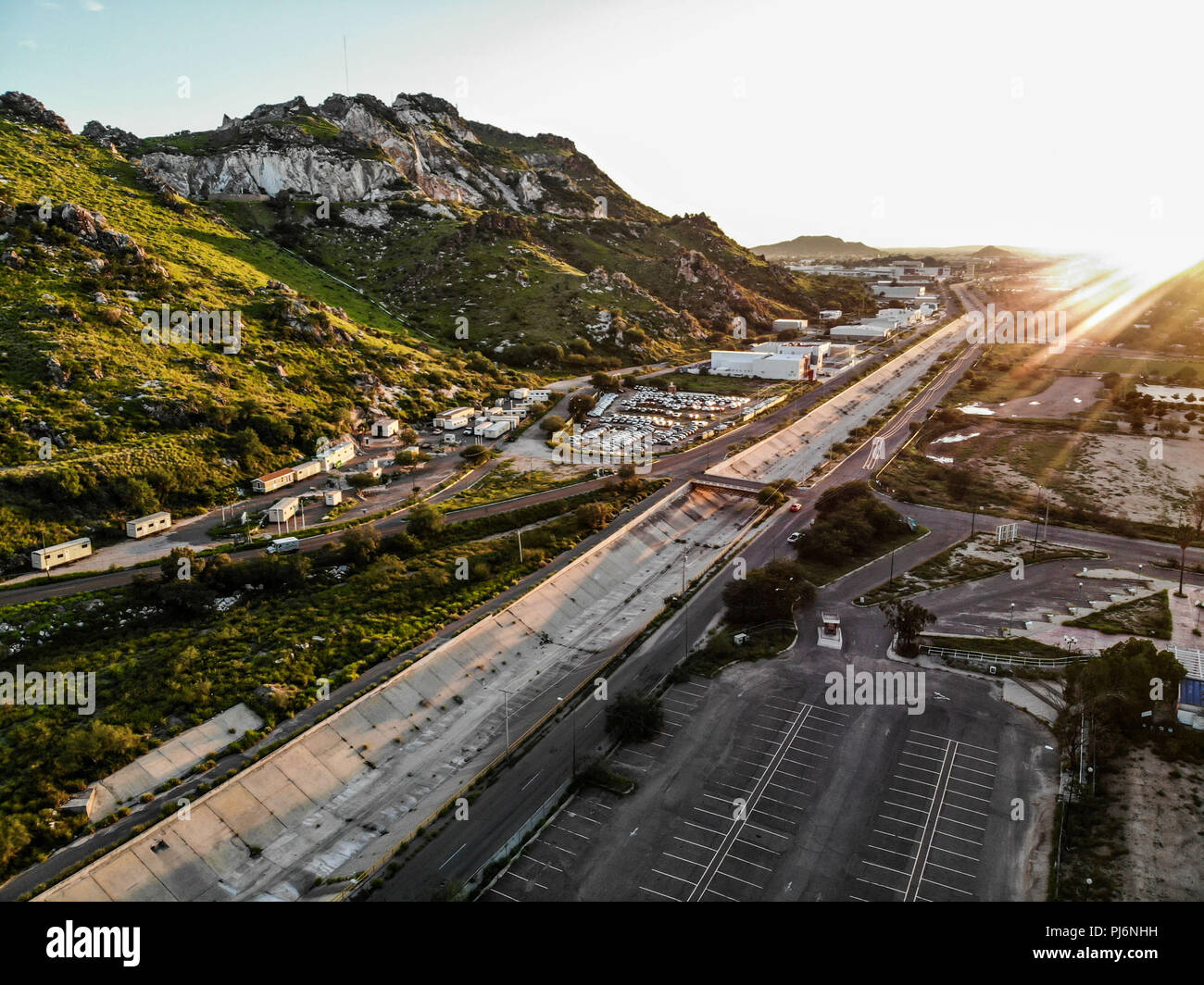 Aerial view of the cement hill and canal del vado del rio in Hermosillo ...