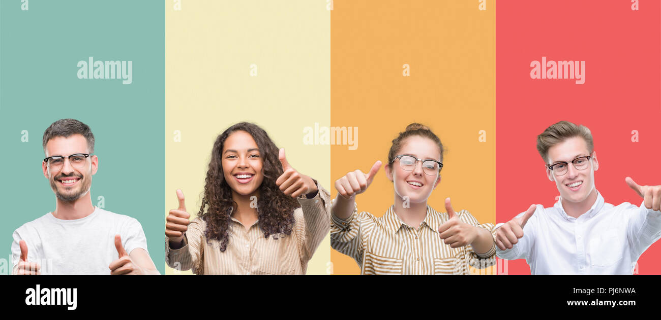 Collage of a group of people isolated over colorful background ...
