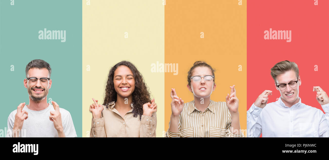 Collage of a group of people isolated over colorful background smiling ...