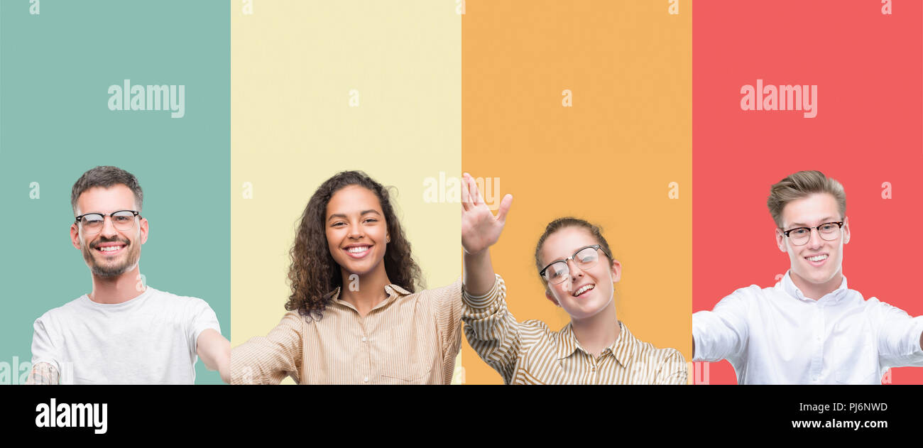 Collage of a group of people isolated over colorful background looking ...