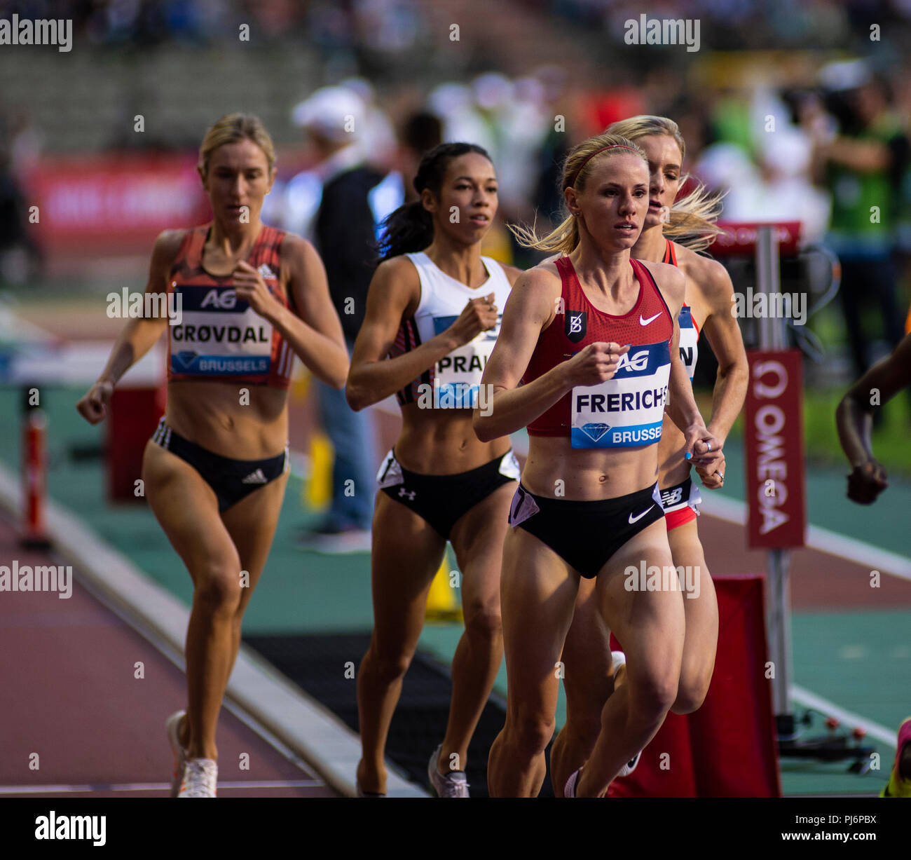 BRUSSELS - BELGIUM, 31 AUG 18. Courtney Frerichs competing in the Women's 3000m Steeplechase at ...