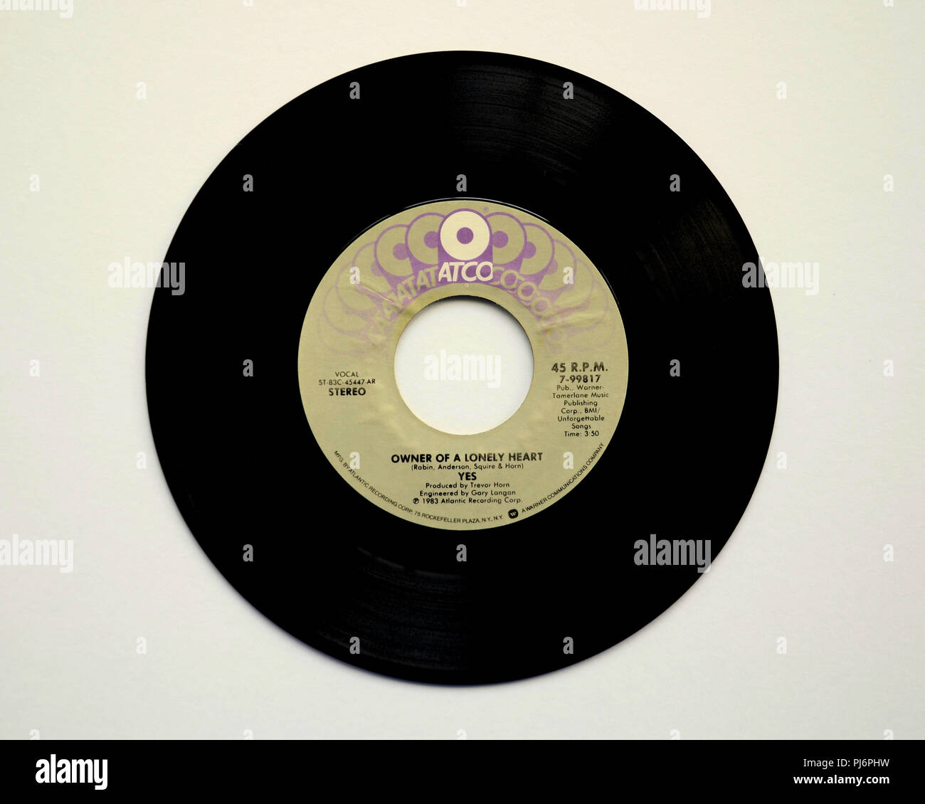 45 RPM vinyl record of Yes' song "Owner of a Lonely Heart" released in ...
