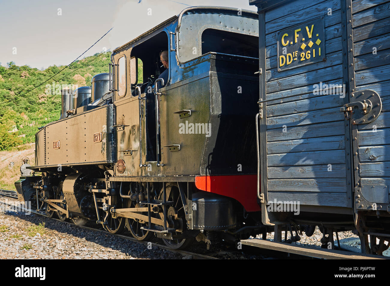 Steam locomotive at Tournon station awaiting to depart on the Train De ...