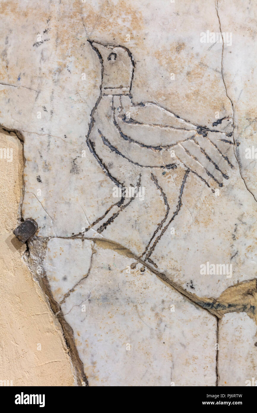 Medieval graffiti with bird, Church of Our Lady in Trastevere interior ...