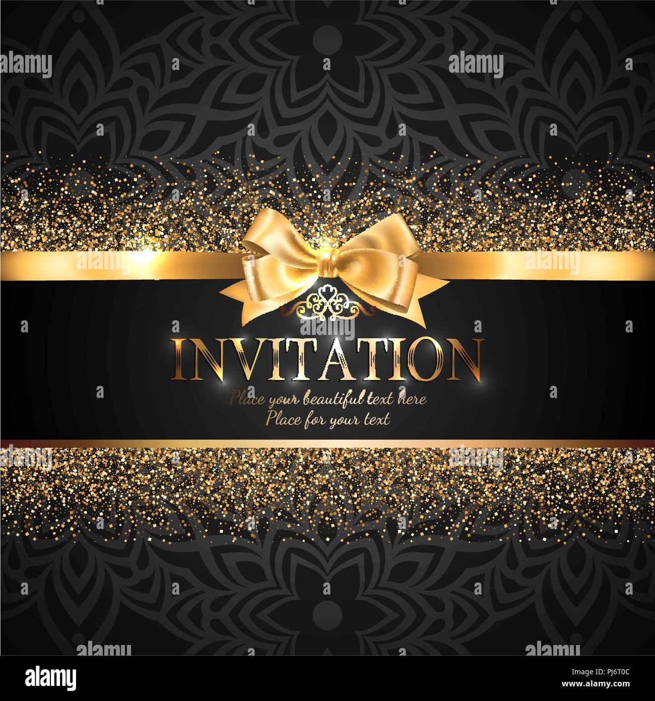 Gorgeous and shiny invitation card or banner with gold ribbon bow and sparkling golden glitter ...