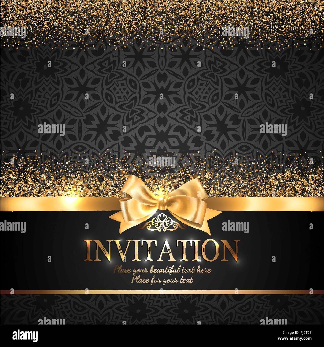 Gorgeous and shiny invitation card or banner with gold ribbon bow and ...