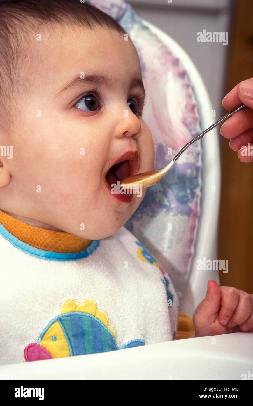 One year old baby being fed baby food vegetable by mothers hand MR ...