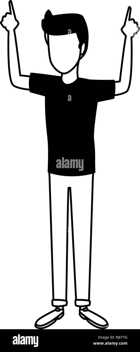 Young man pointing up with hands in black and white Stock Vector Image ...