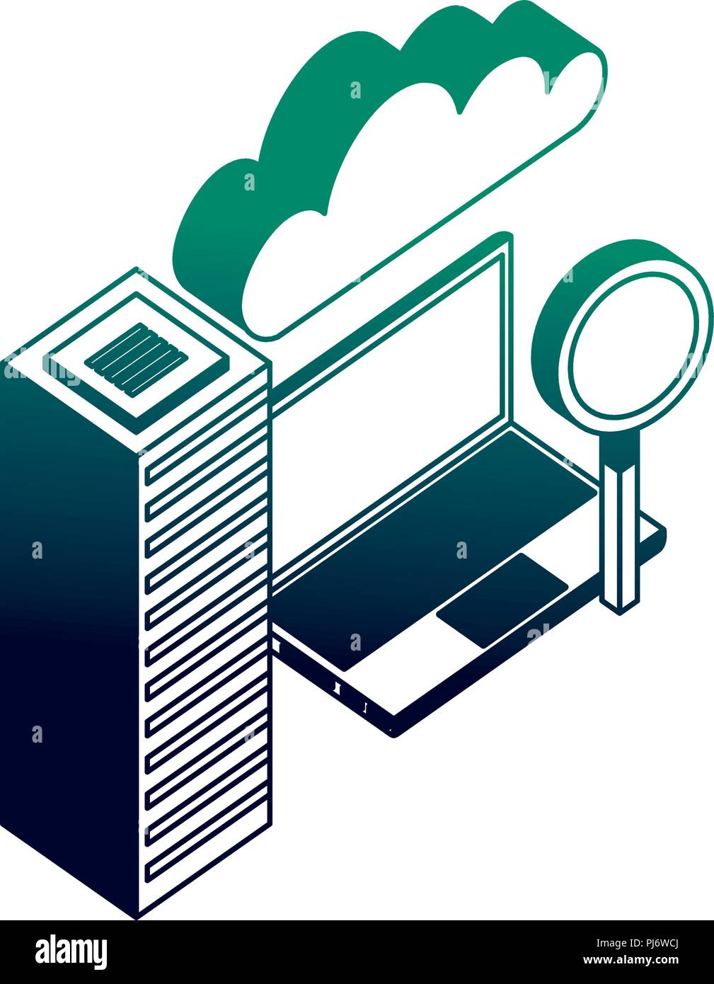 Cloud Computing Laptop Magnifying Glass Database Center Vector Illustration Neon Stock Vector