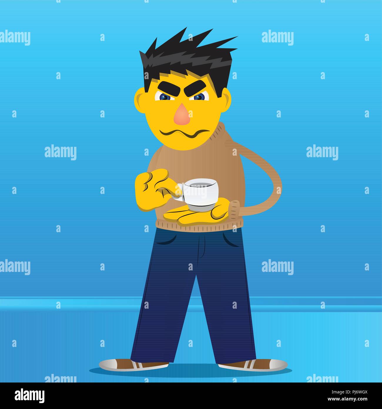 Yellow man holding a cup of coffee. Vector cartoon illustration Stock ...