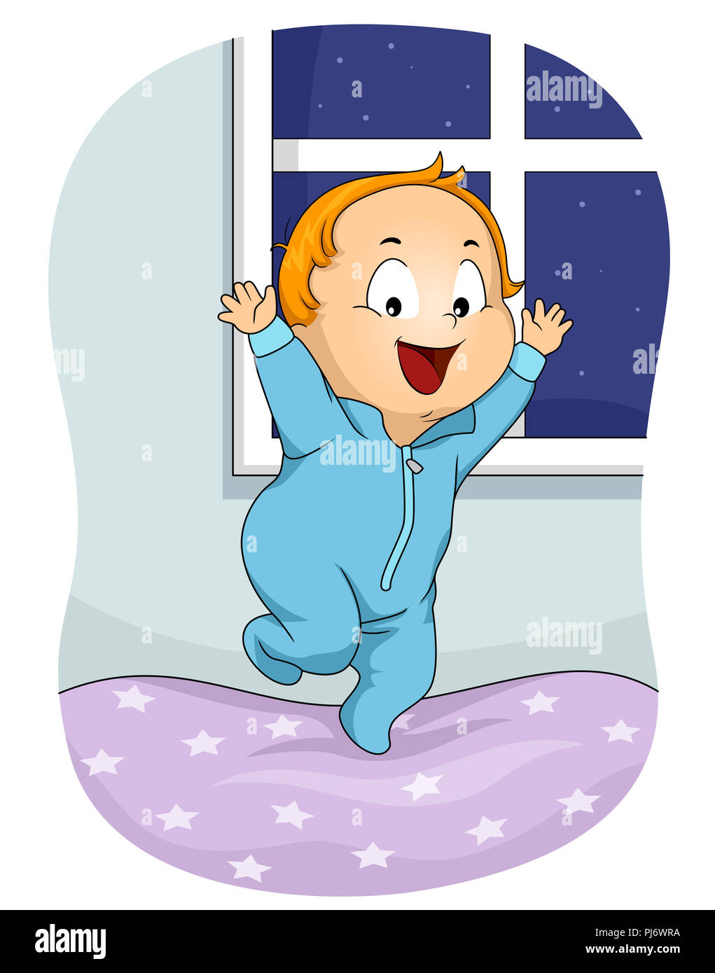 Illustration of a Kid Boy Wearing Pajama Onesies Jumping on Bed and ...