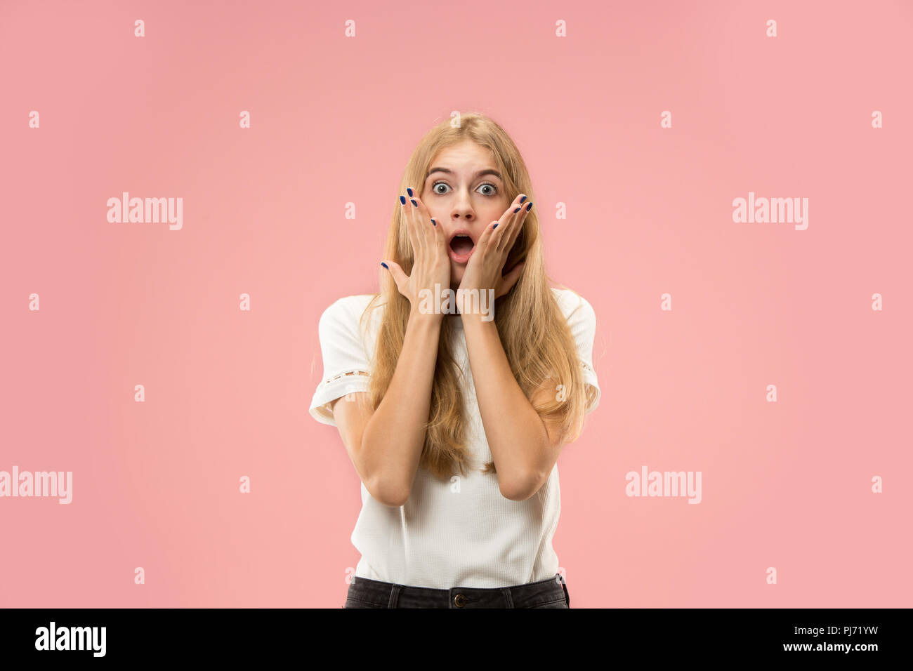 Delight. Beautiful female half-length front portrait isolated on studio ...
