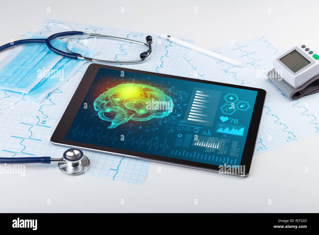 Brain functionality report with medical devices around Stock Photo - Alamy