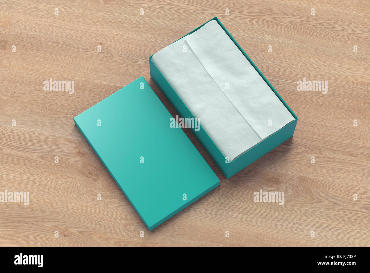 Turquoise shoe box container on wooden background with wrapping paper ...