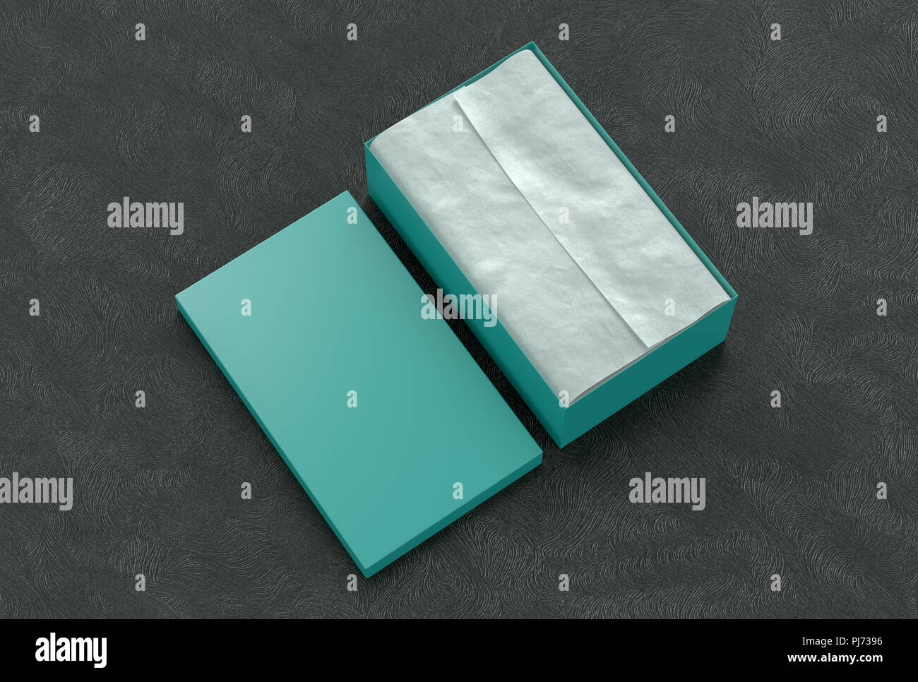 Turquoise shoe box container on black background with wrapping paper ...