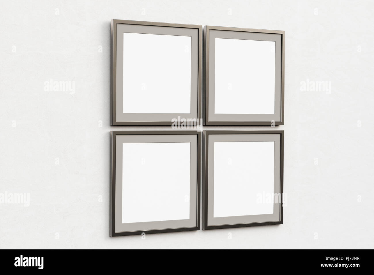 Four square frames with blank poster mock up on white wall. Include ...
