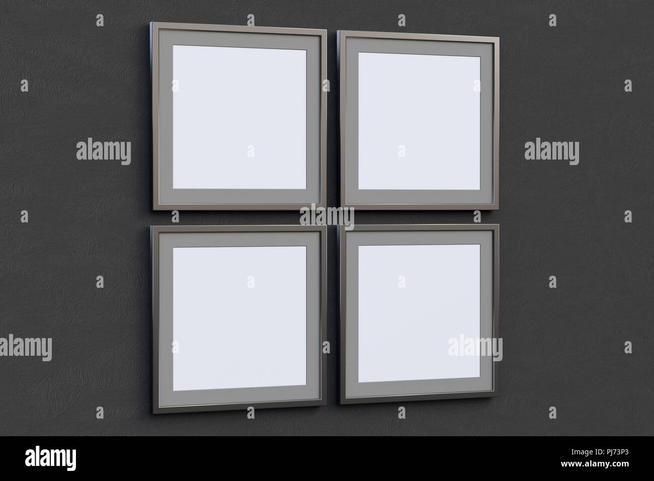 Four square frames with blank poster mock up on black wall. Include ...