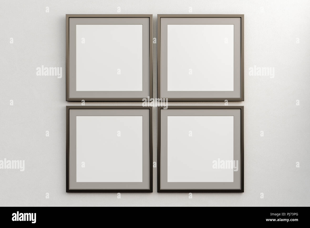 Four square frames with blank poster mock up on white wall. Include ...