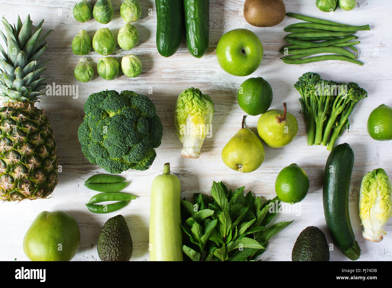 One colour, healthy eating concept, green fruits and vegetables ...
