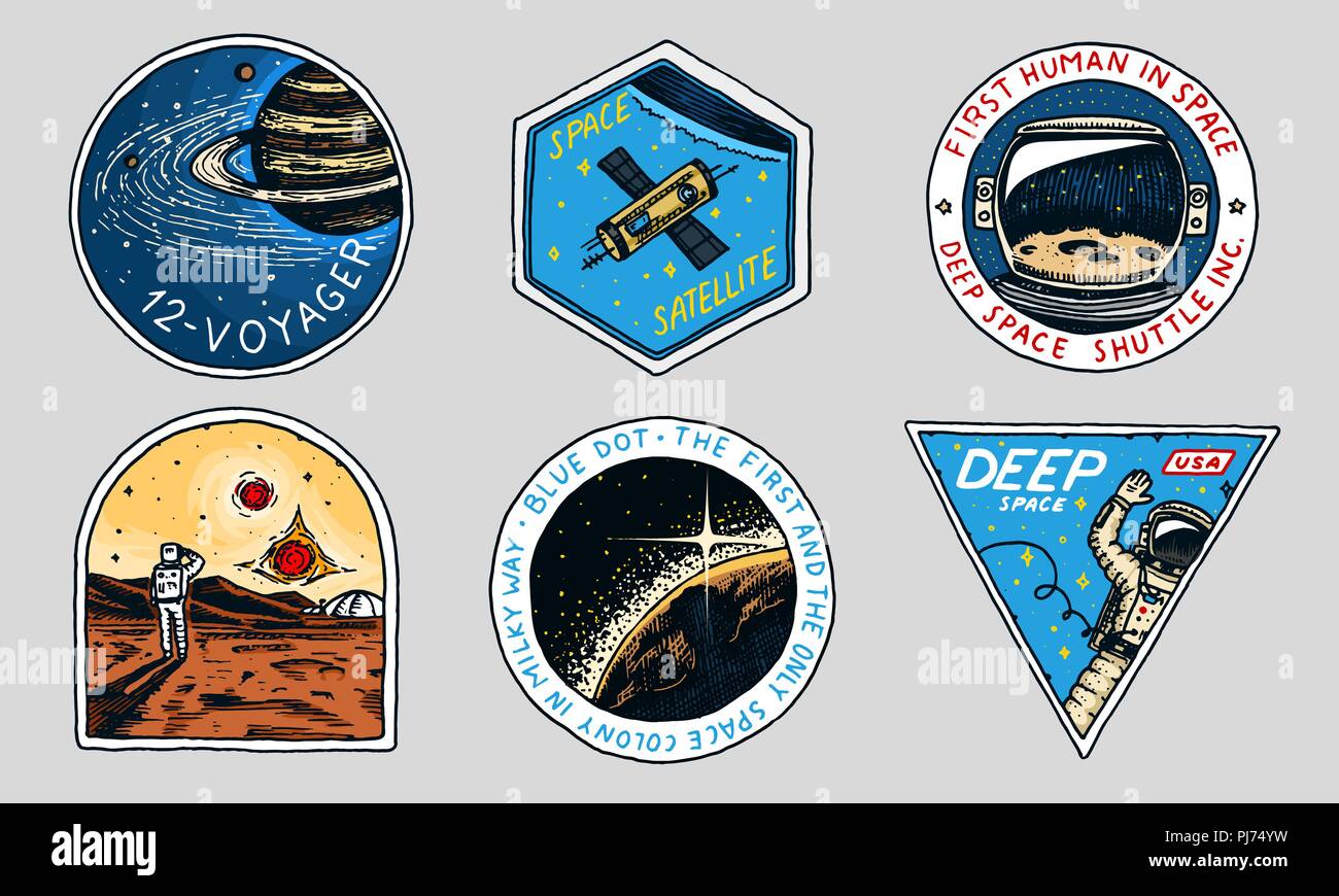 Vintage Space logo. Exploration of the astronomical galaxy. mission astronaut or spaceman ...